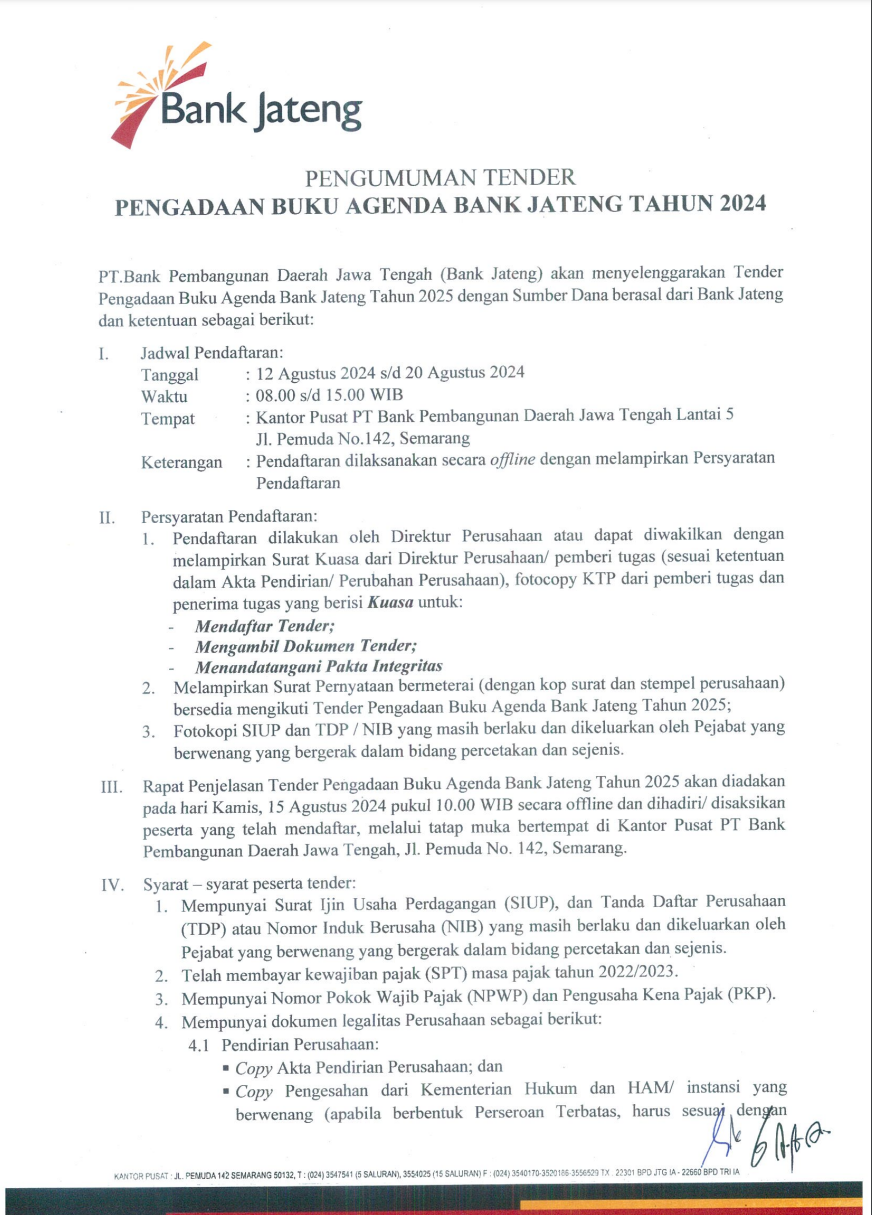 Pengumuman Tender Pengadaan Buku Agenda Bank Jateng 2024 - Bank Jateng Pengumuman Tender Pengadaan Buku Agenda Bank Jateng 2024 - Bank Jateng