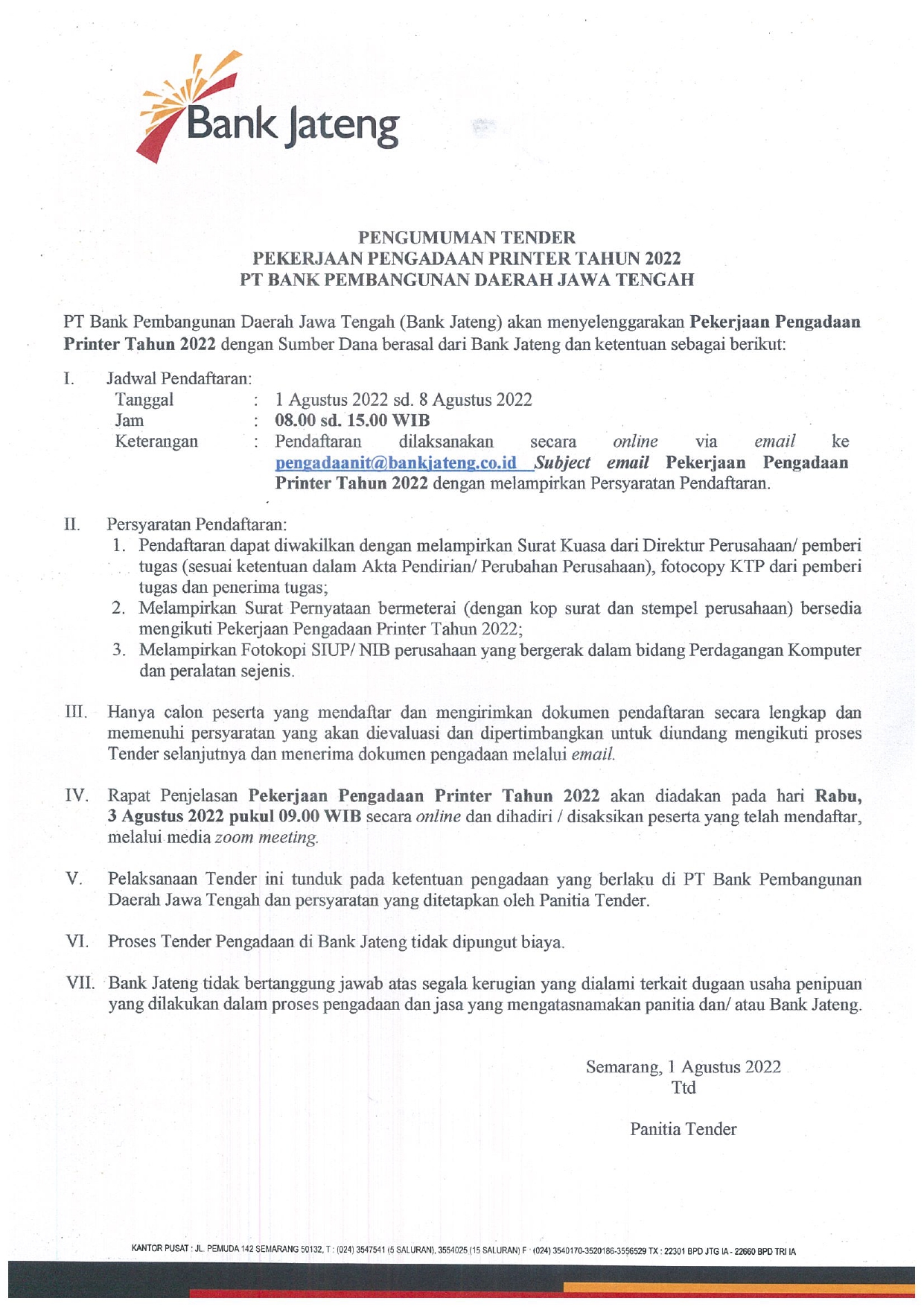 Pengumuman Tender Pekerjaan Pengadaan Printer Tahun 2022 - Bank Jateng Pengumuman Tender Pekerjaan Pengadaan Printer Tahun 2022 - Bank Jateng